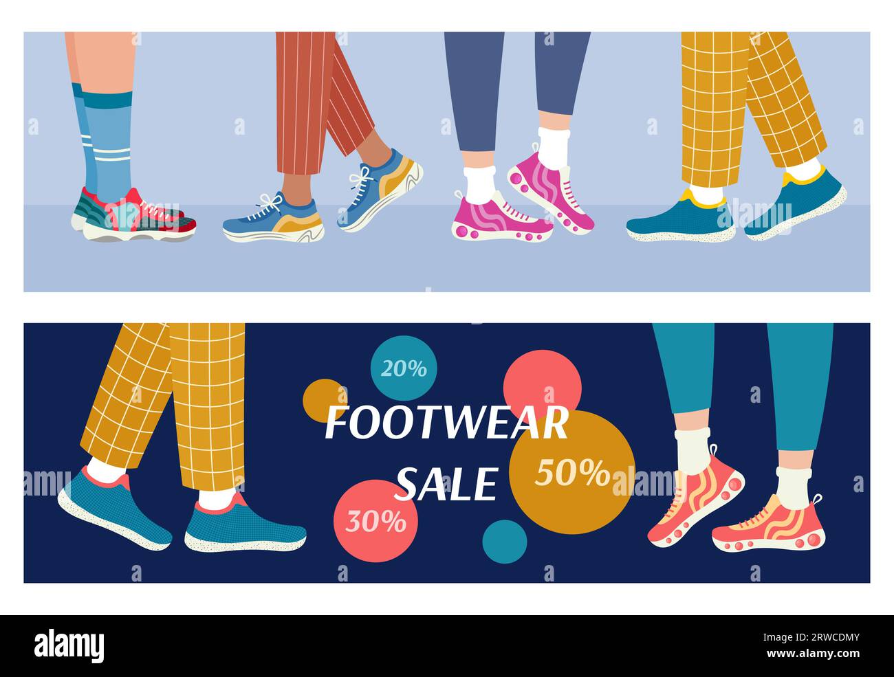 Footwear Banners Set. Legs in sneakers side view. Special offer design ...