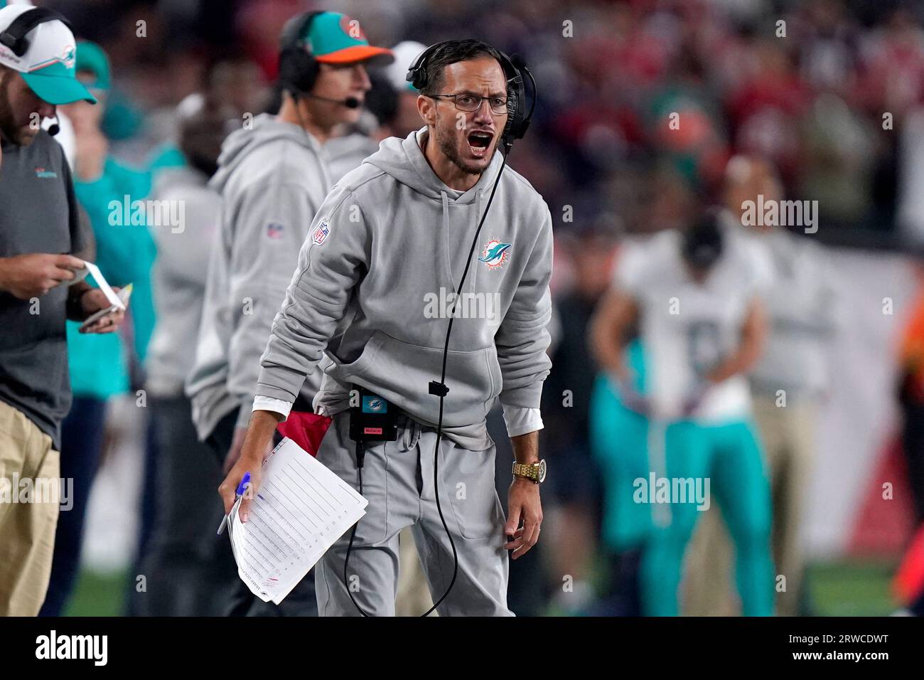 Miami Dolphins head coach Mike McDaniel shouts from the sideline during ...