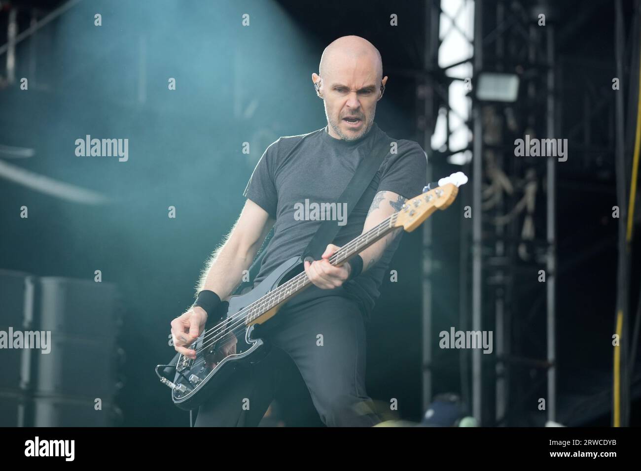 Hunter Burgan of the band AFI performs on day three of Riot Fest on Sunday, Sept. 17, 2023, at ...
