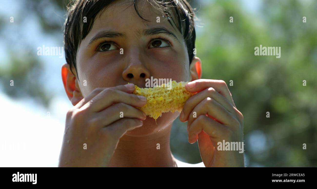 Portrait of child boy eating corn cob outside in nature. Kid eating ...