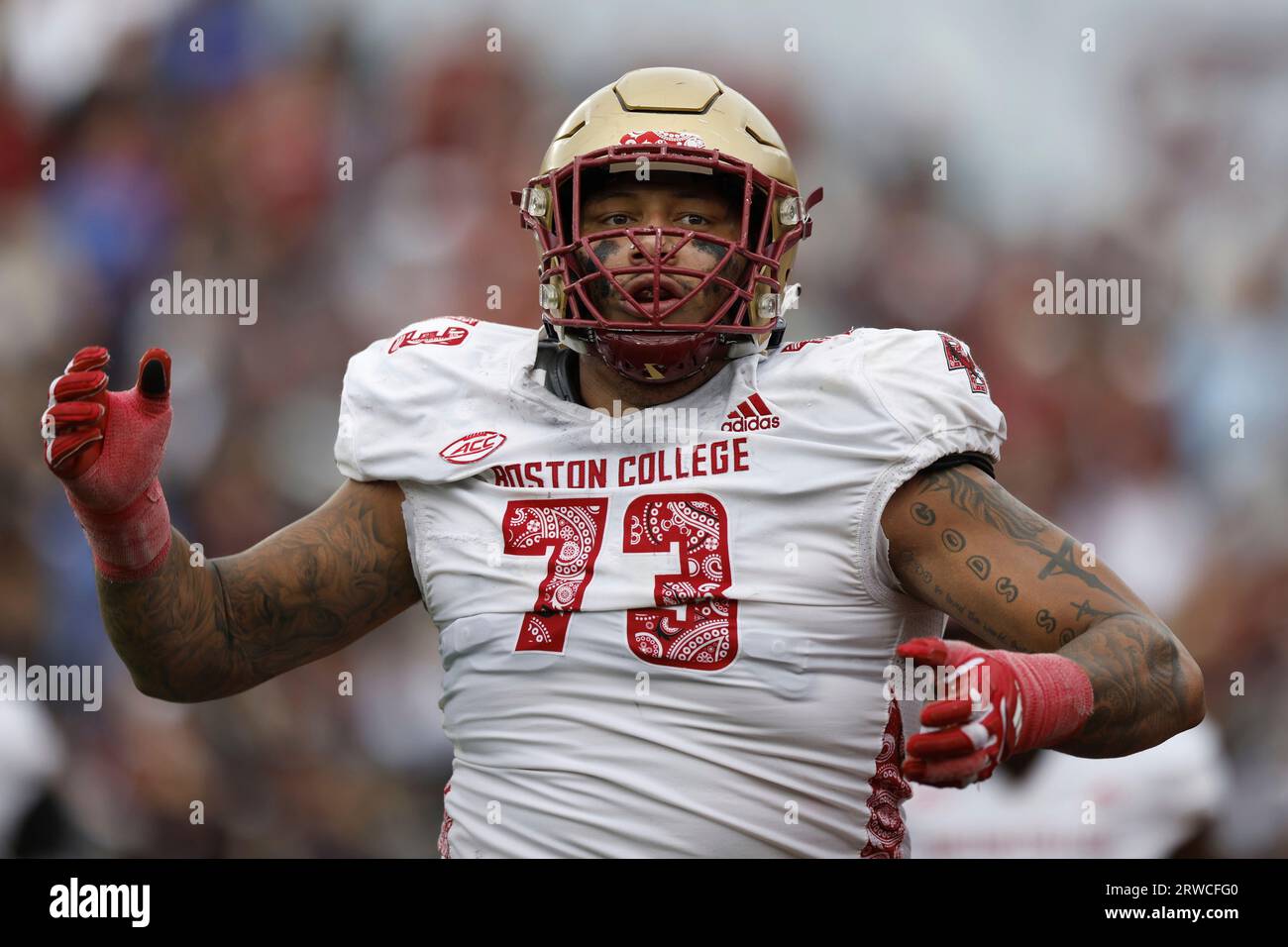 Boston College offensive lineman Christian Mahogany (73) reacts during ...
