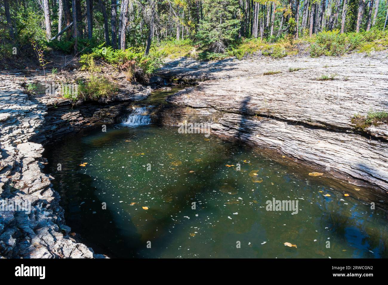 A beautiful cascade flows into a calm pool in NT, Canada Stock Photo ...