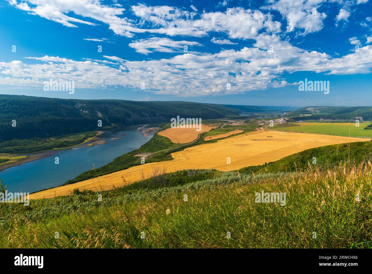 Peace River Valley, summer 2022, prior to completion of Site C Dam near ...