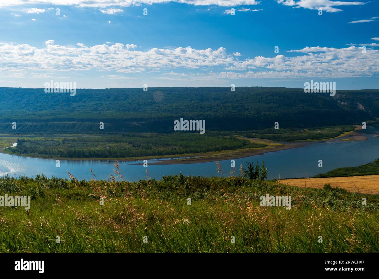 Peace River Valley, summer 2022, prior to completion of Site C Dam near ...
