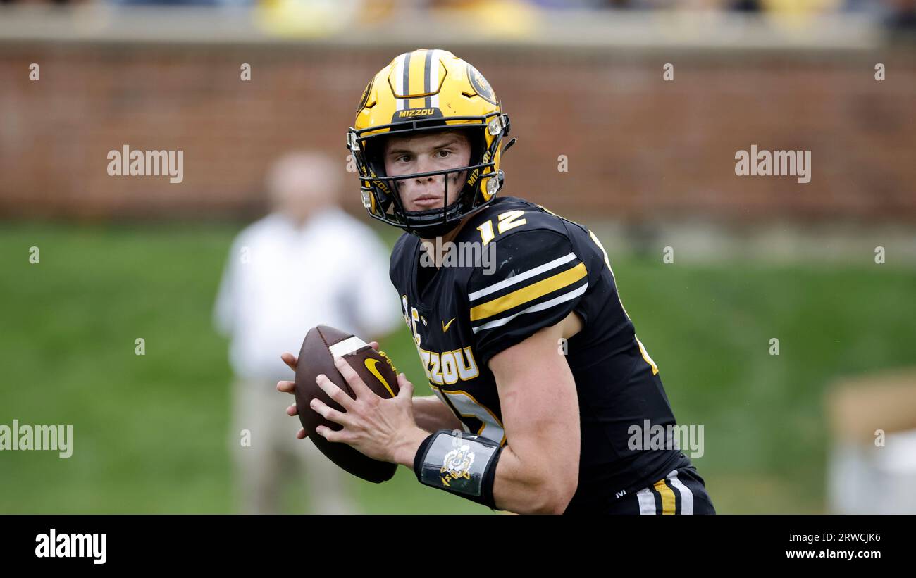 Missouri quarterback Brady Cook (12) during an NCAA football game on ...