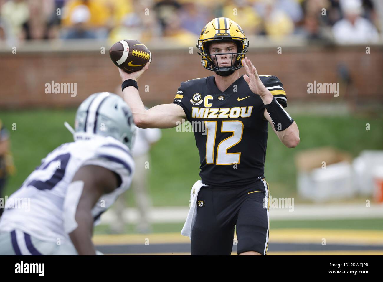 Missouri quarterback Brady Cook (12) during an NCAA football game on ...