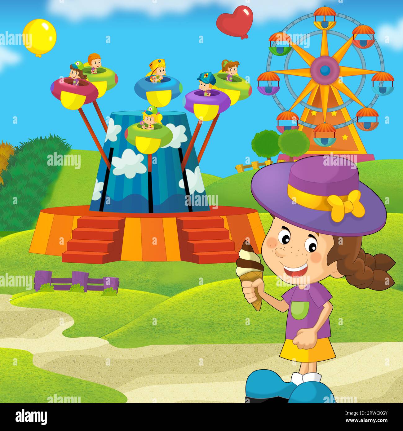 cartoon scene with kids playing at funfair amusement park or playground ...
