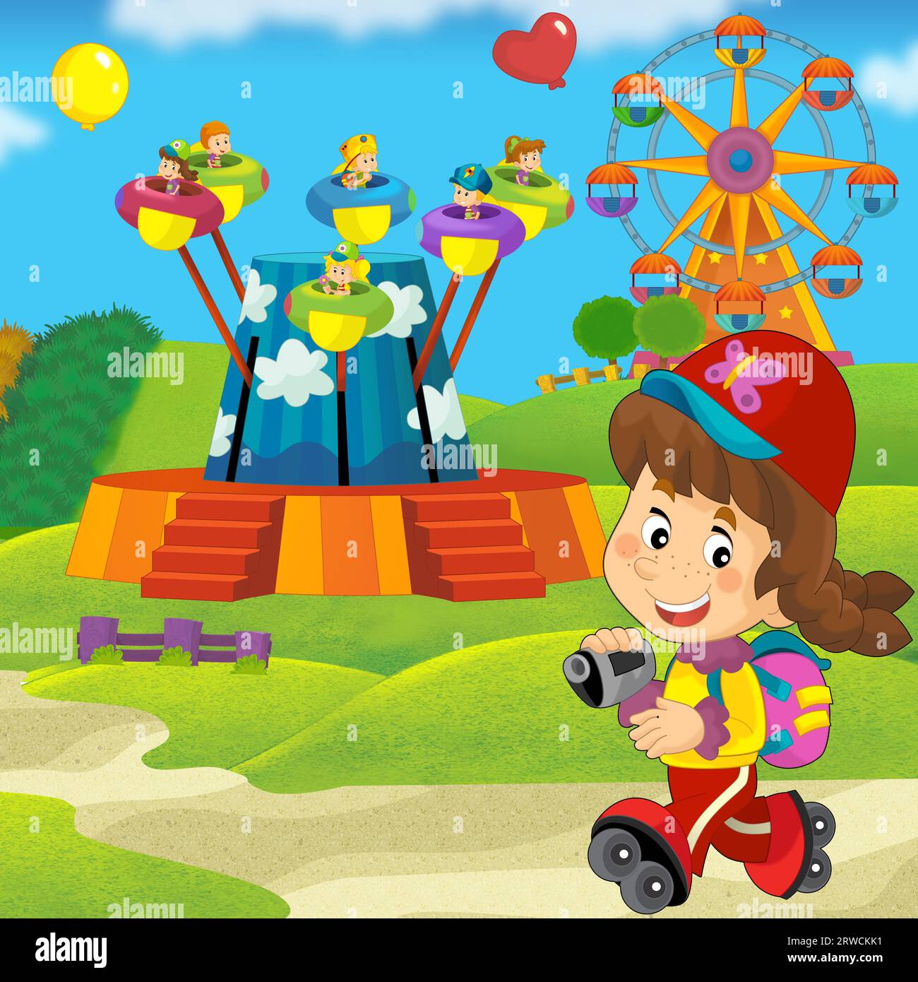 cartoon scene with kids playing at funfair amusement park or playground ...