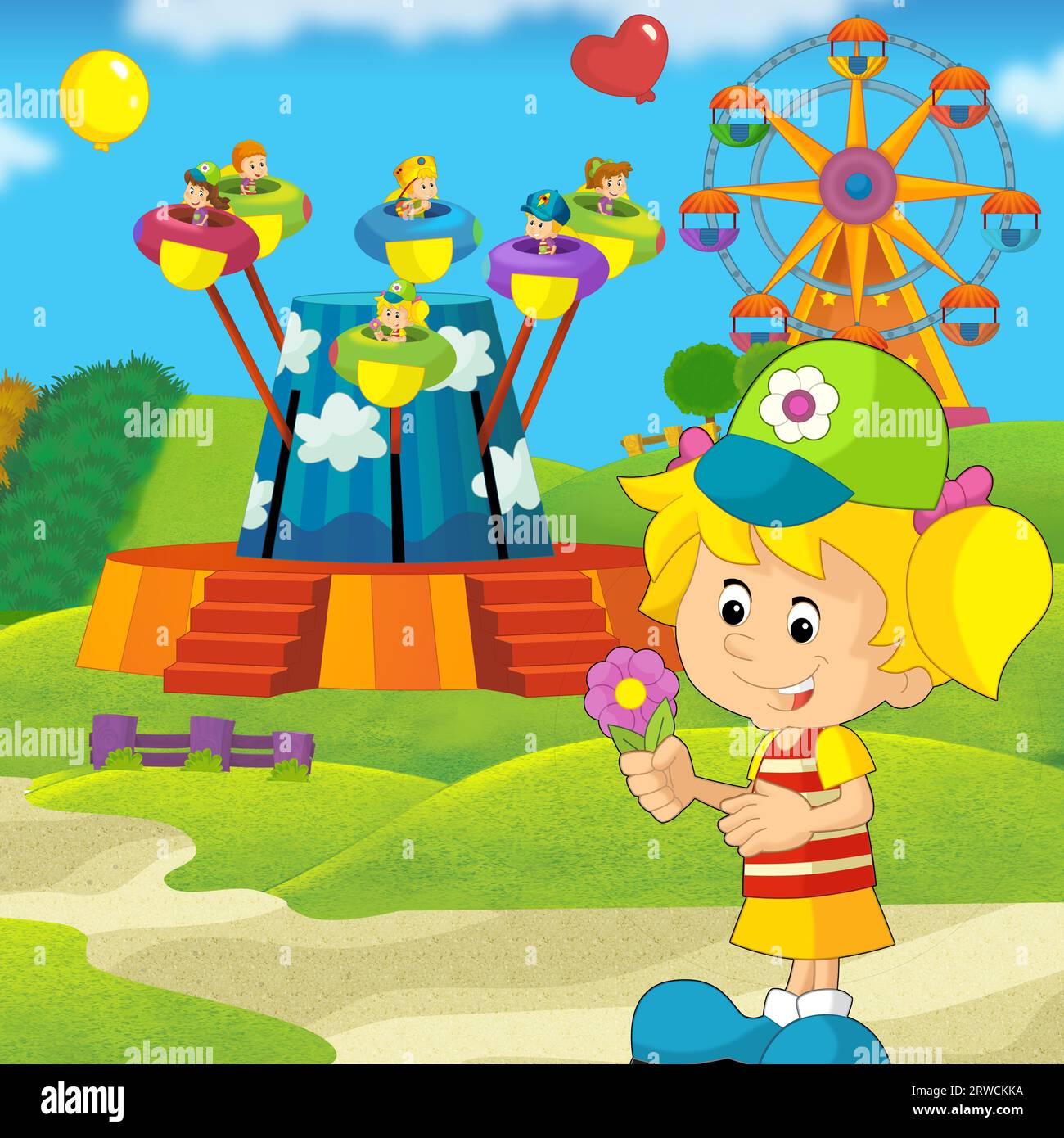 cartoon scene with kids playing at funfair amusement park or playground ...