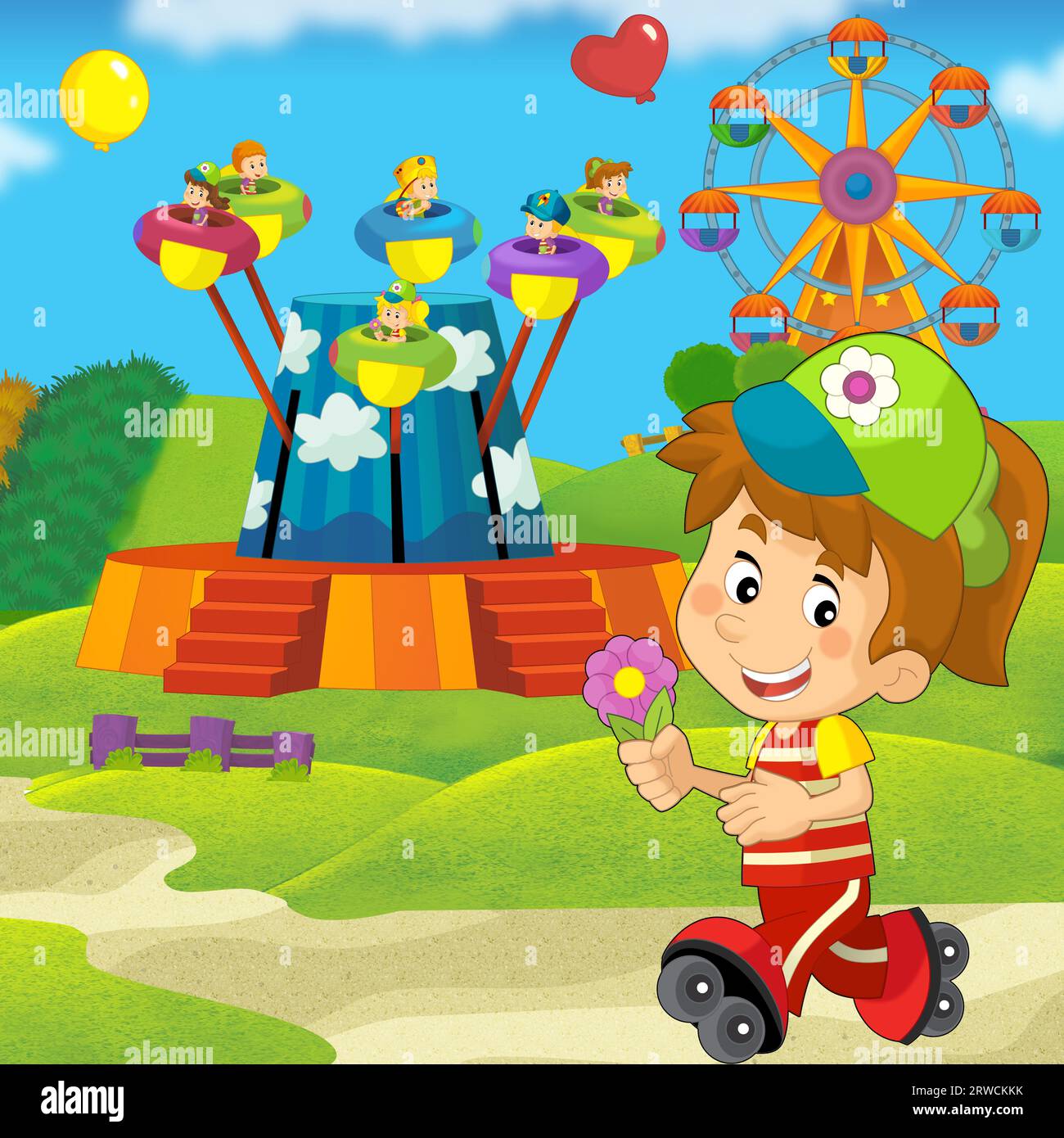 cartoon scene with kids playing at funfair amusement park or playground ...