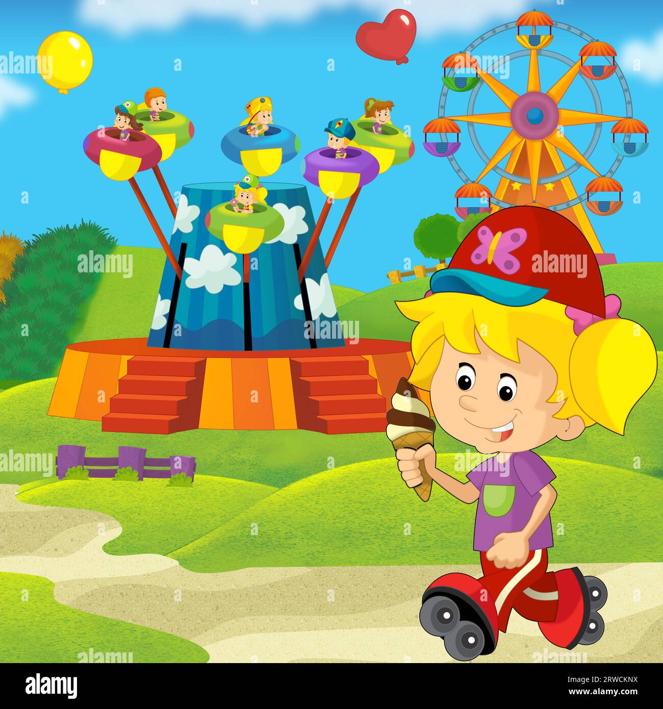 cartoon scene with kids playing at funfair amusement park or playground ...