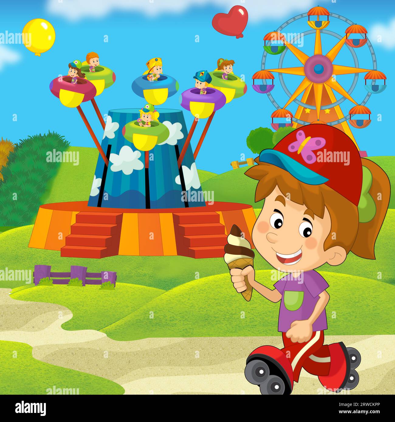 cartoon scene with kids playing at funfair amusement park or playground ...
