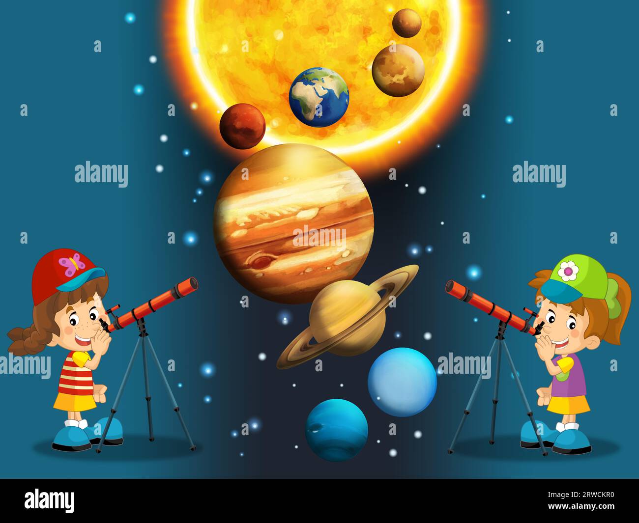 Cartoon funny colorful scene of cosmos galactic alien ufo girl pupil ...