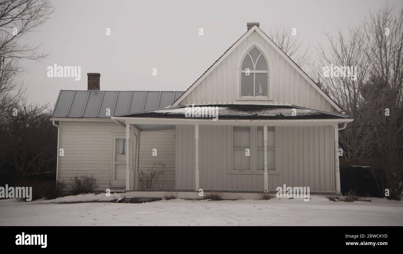 The famous American Gothic house and its iconic gothic window on a ...