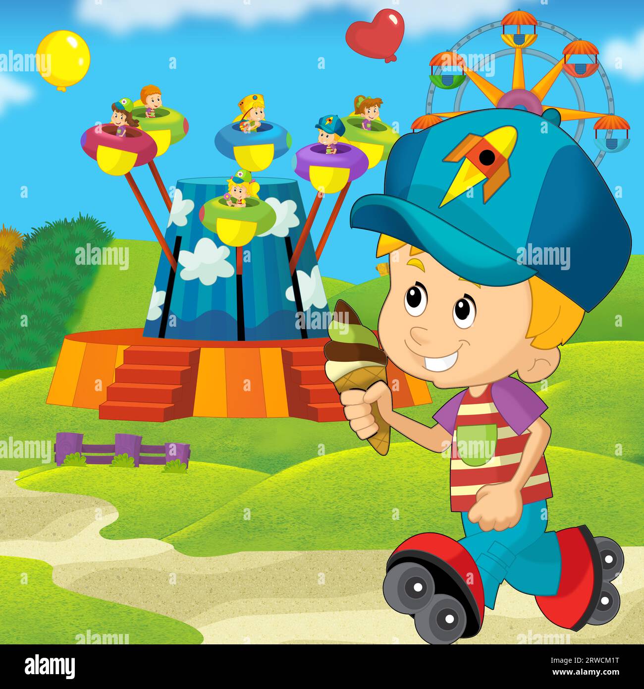 cartoon scene with kids playing at funfair amusement park or playground ...