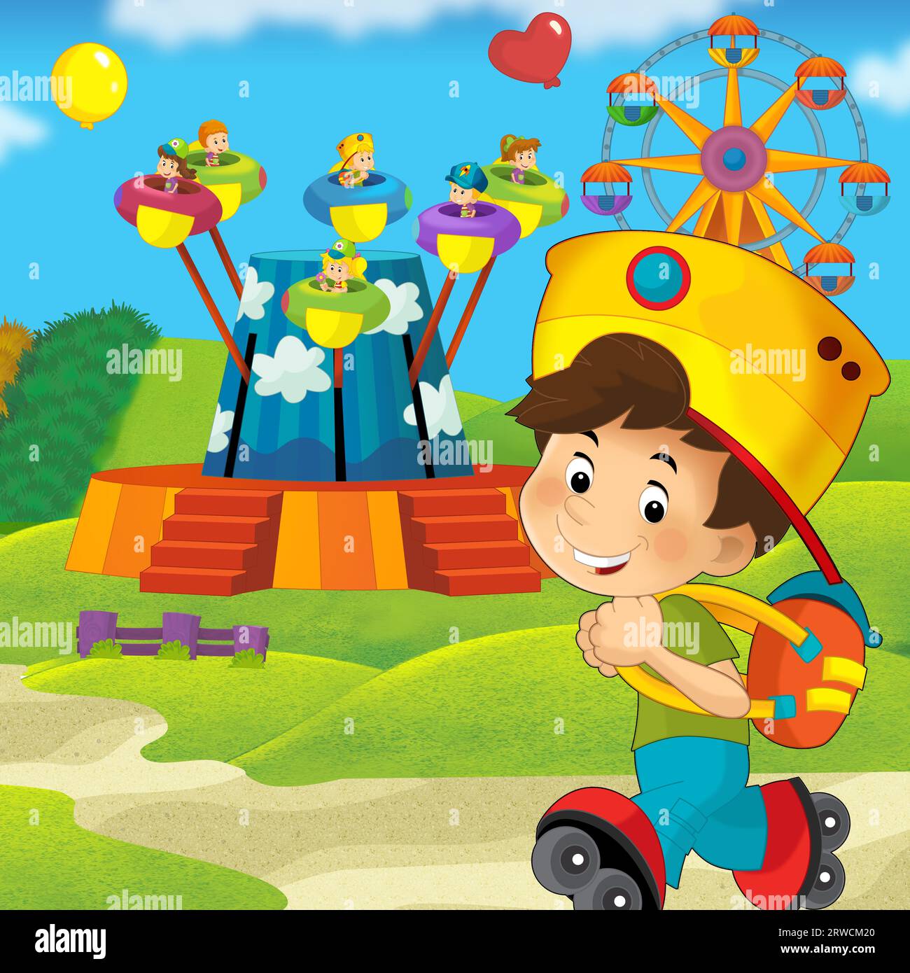 cartoon scene with kids playing at funfair amusement park or playground ...