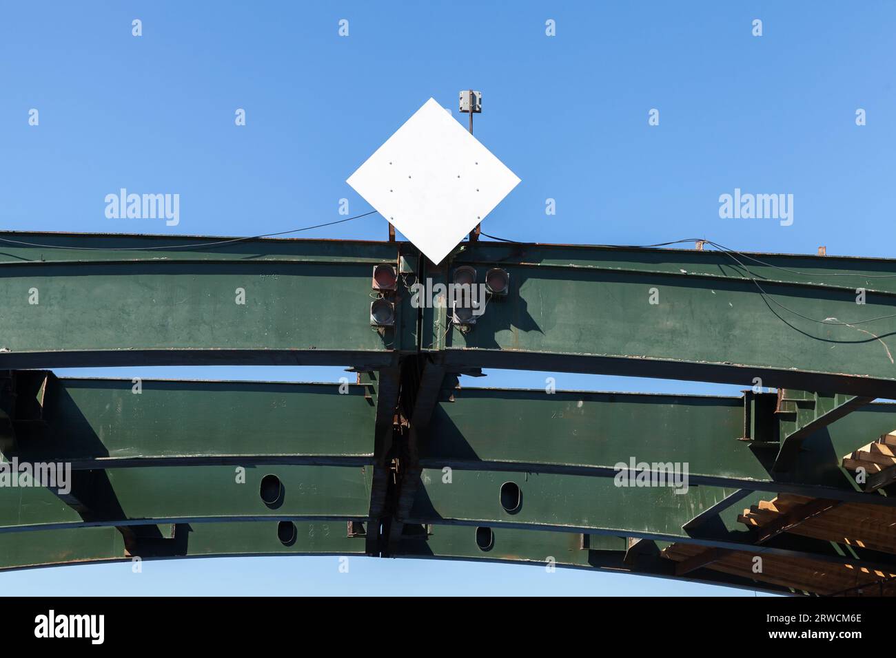 Reconstruction of the bridge over the Neva River, white navigation sign ...