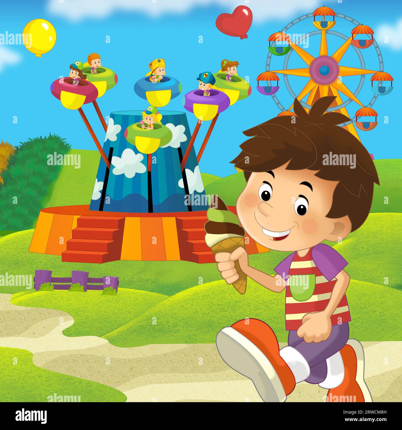 cartoon scene with kids playing at funfair amusement park or playground ...