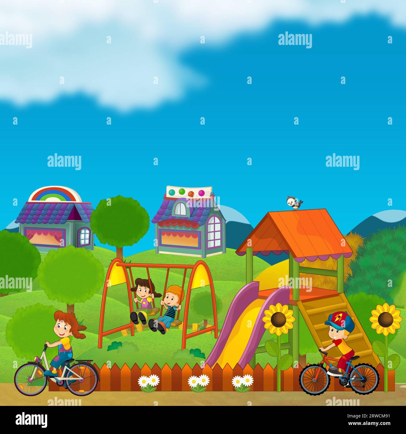 cartoon scene with kids playing at funfair amusement park or playground ...