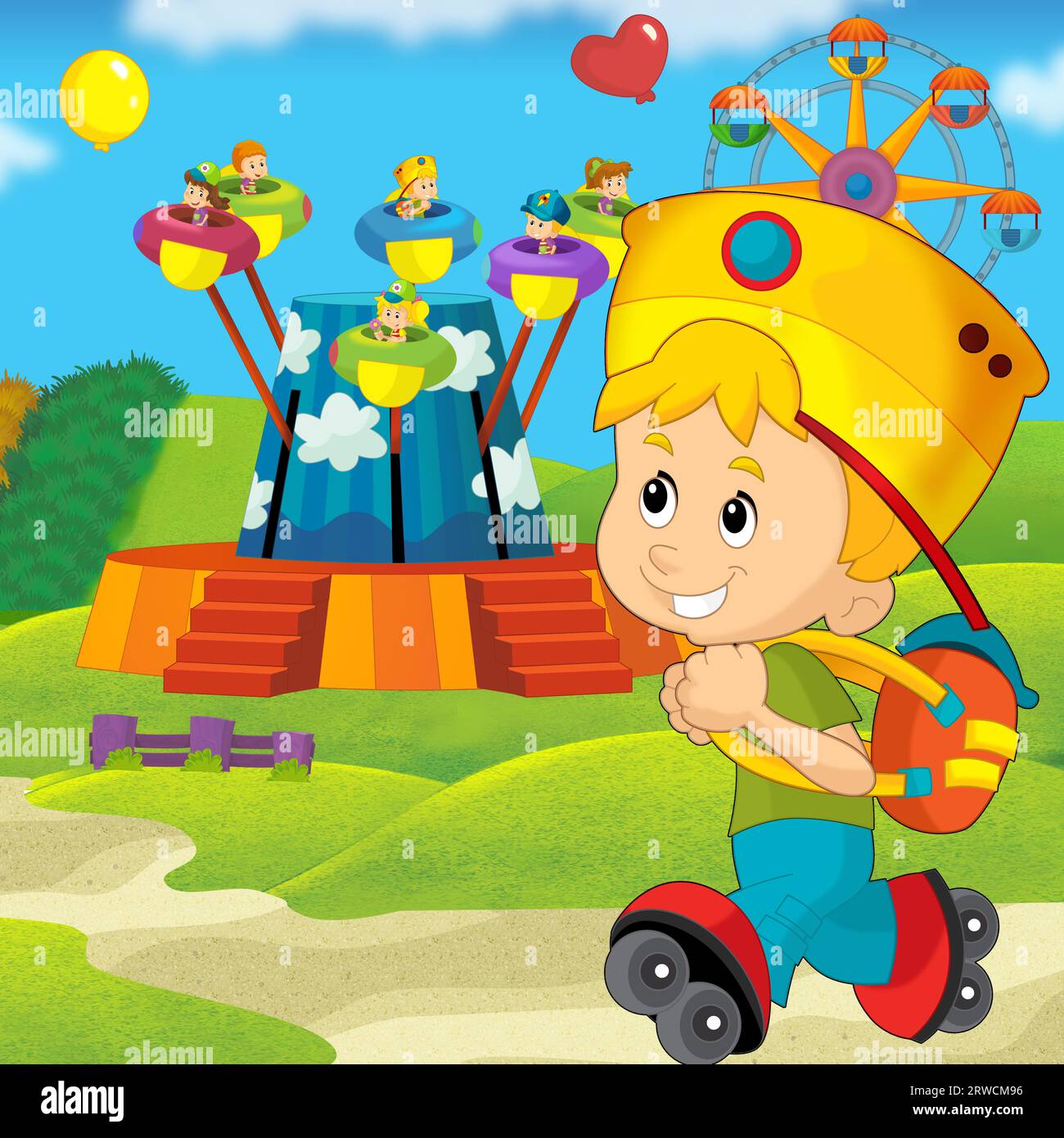 cartoon scene with kids playing at funfair amusement park or playground ...