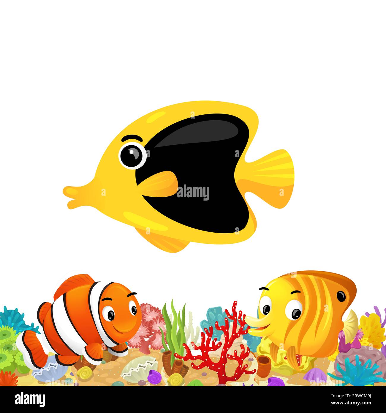 cartoon scene with coral reef and happy fishes swimming near isolated ...