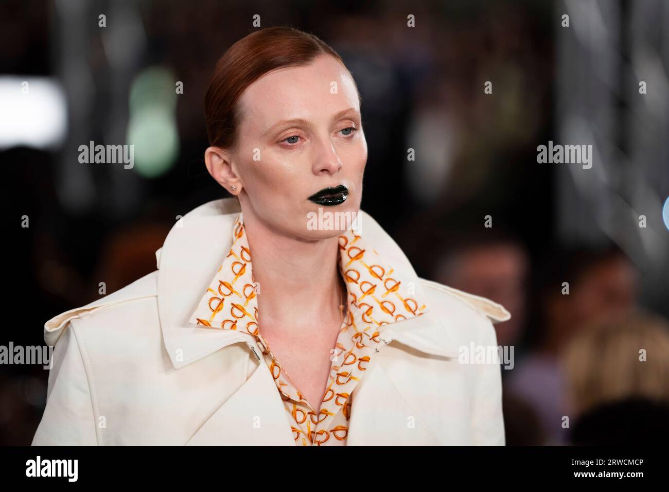 Karen Elson wears a creation for the Burberry Spring Summer 2024 ...