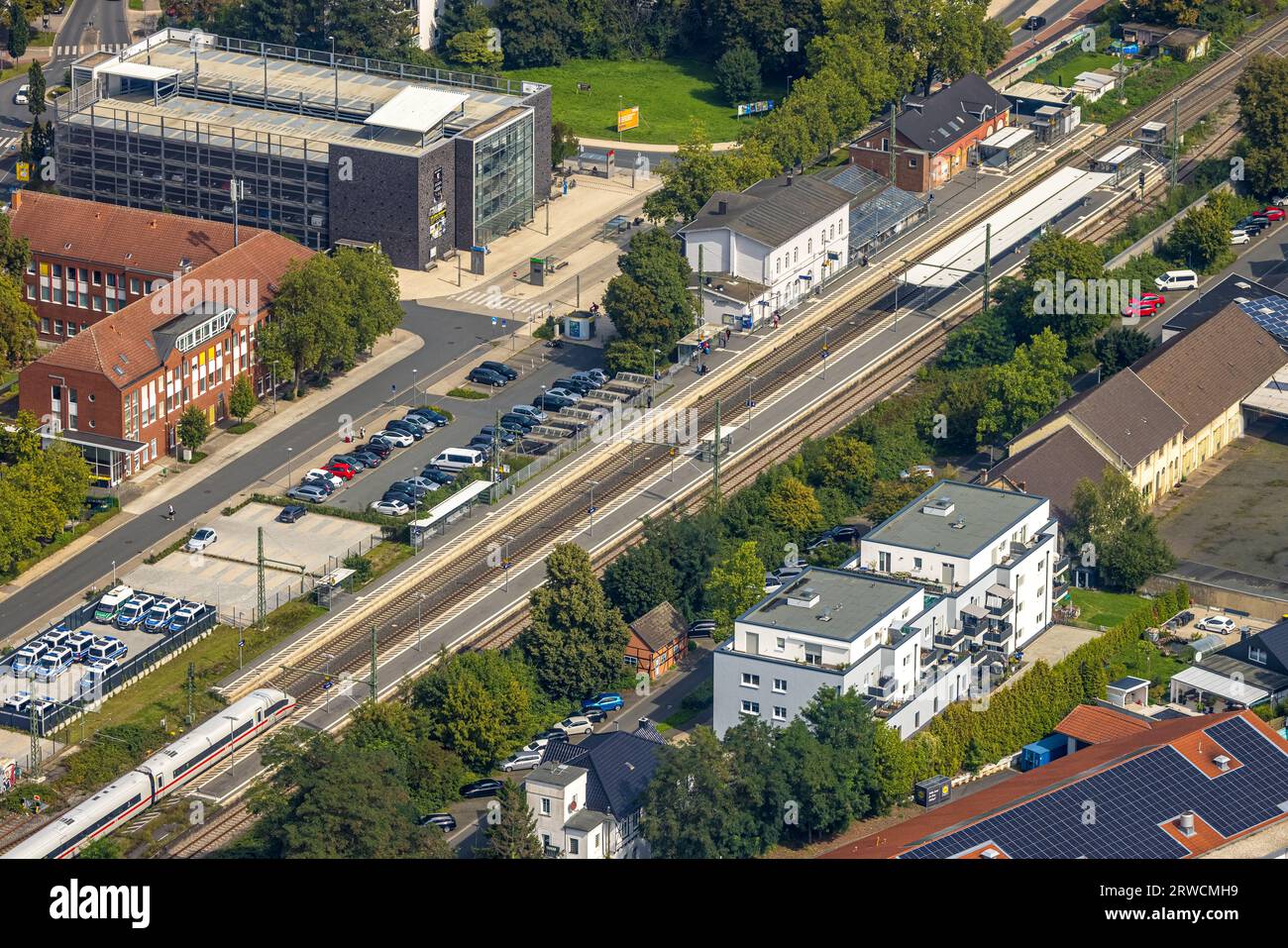 Aerial view, train station and platform, Kamen, Ruhr area, North Rhine ...
