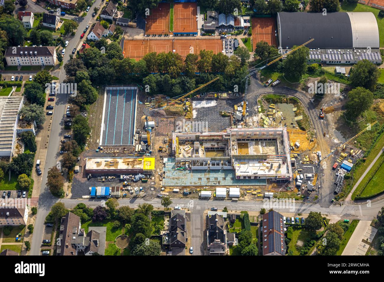 Aerial view, construction site and new building Sesekebad, Kamen, Ruhr ...