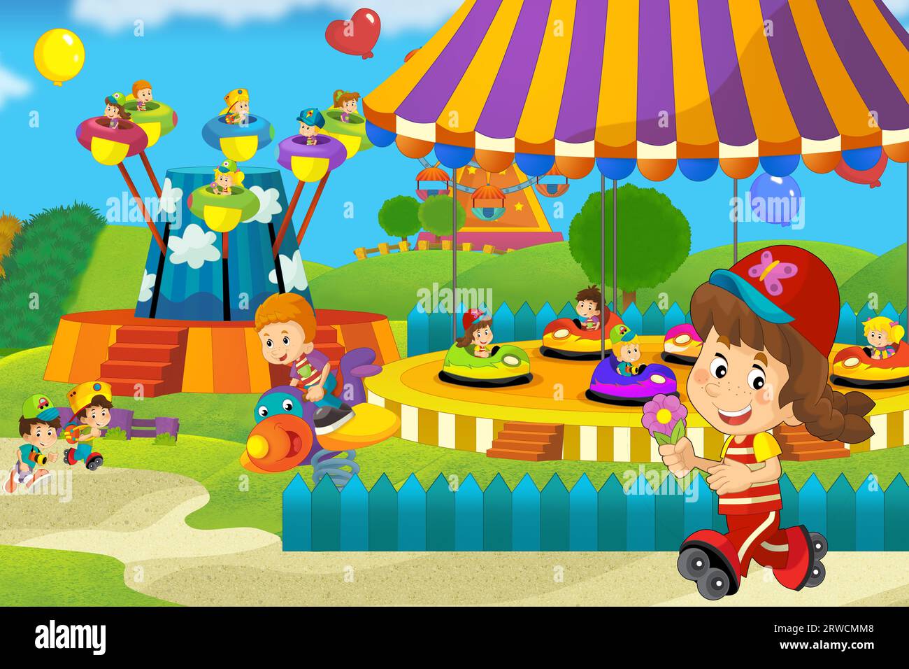 cartoon scene with kids playing at funfair amusement park or playground ...