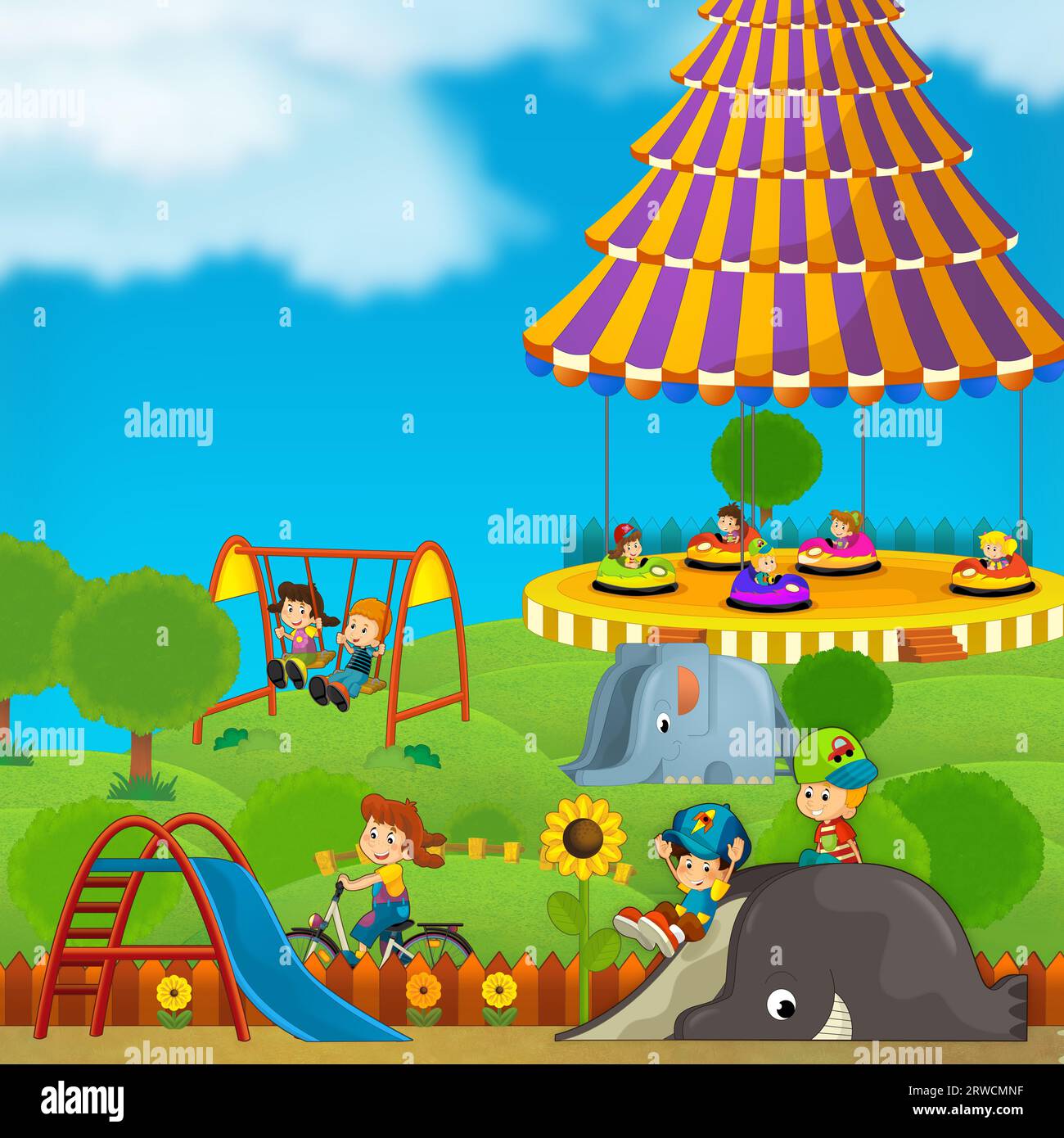cartoon scene with kids playing at funfair amusement park or playground ...