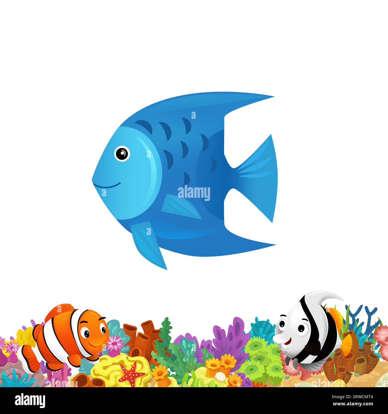 cartoon scene with coral reef and happy fishes swimming near isolated ...
