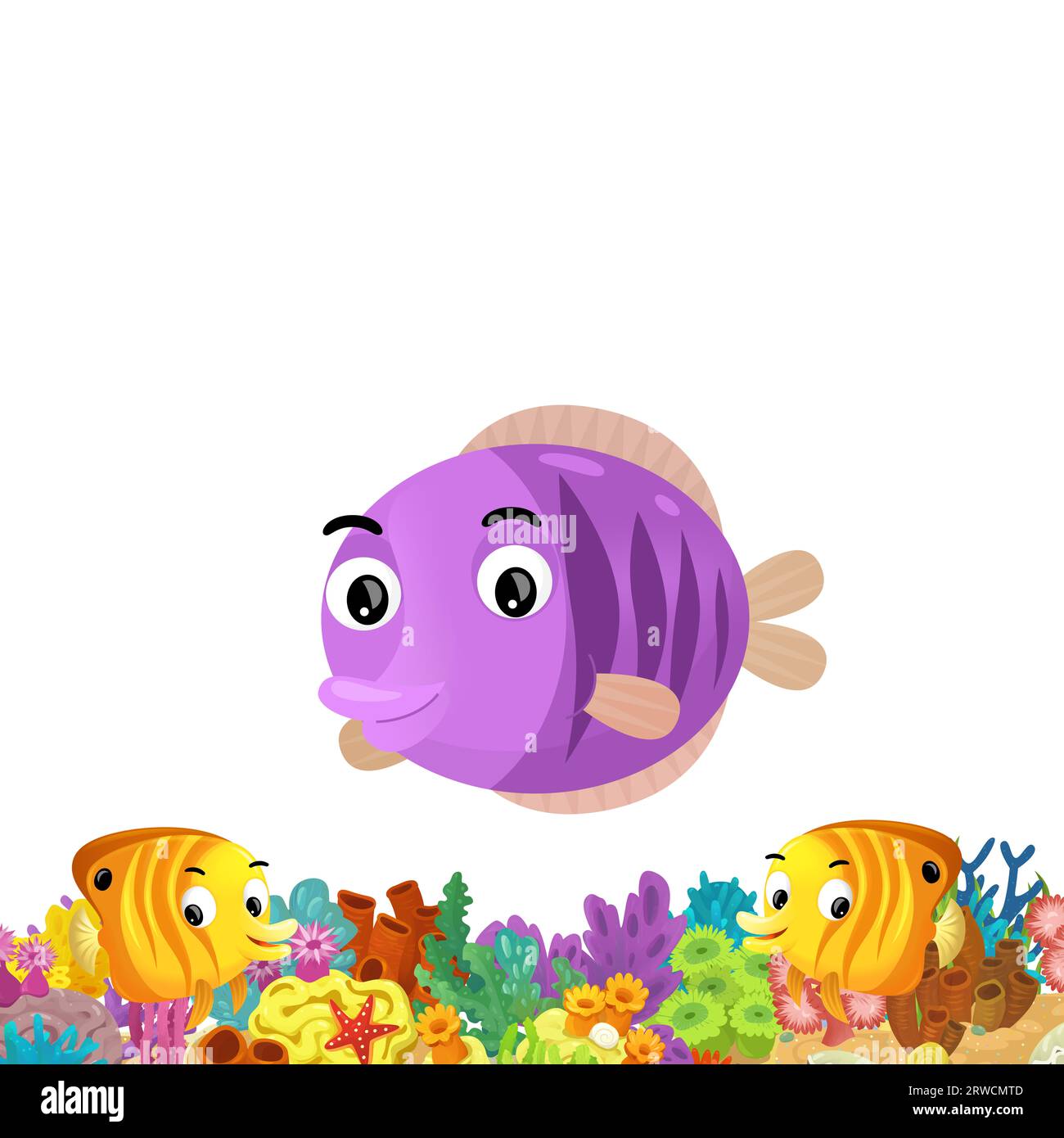 cartoon scene with coral reef and happy fishes swimming near isolated ...