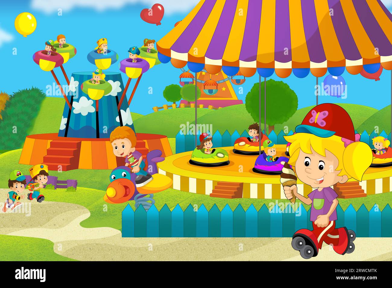cartoon scene with kids playing at funfair amusement park or playground ...