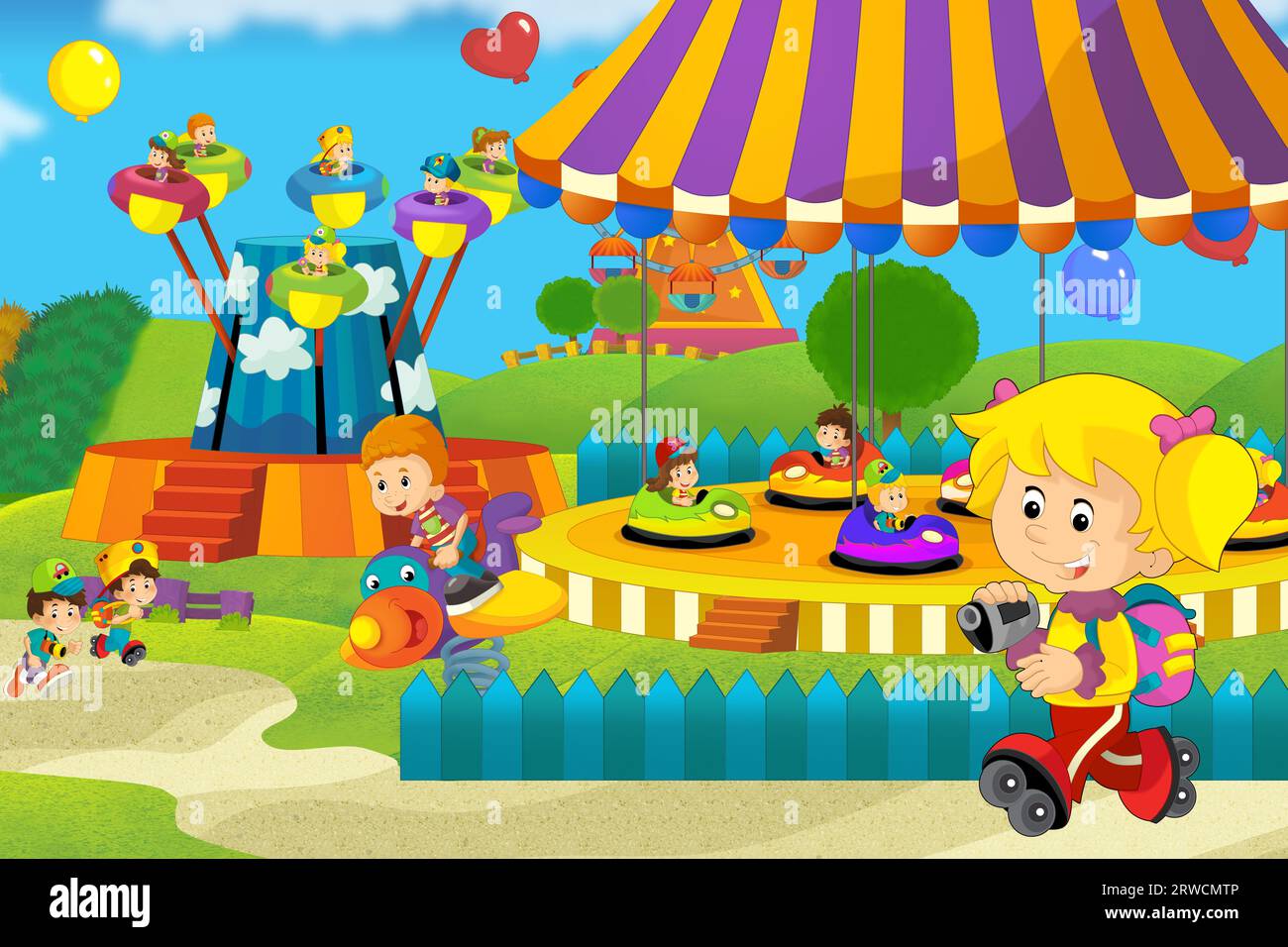 cartoon scene with kids playing at funfair amusement park or playground ...
