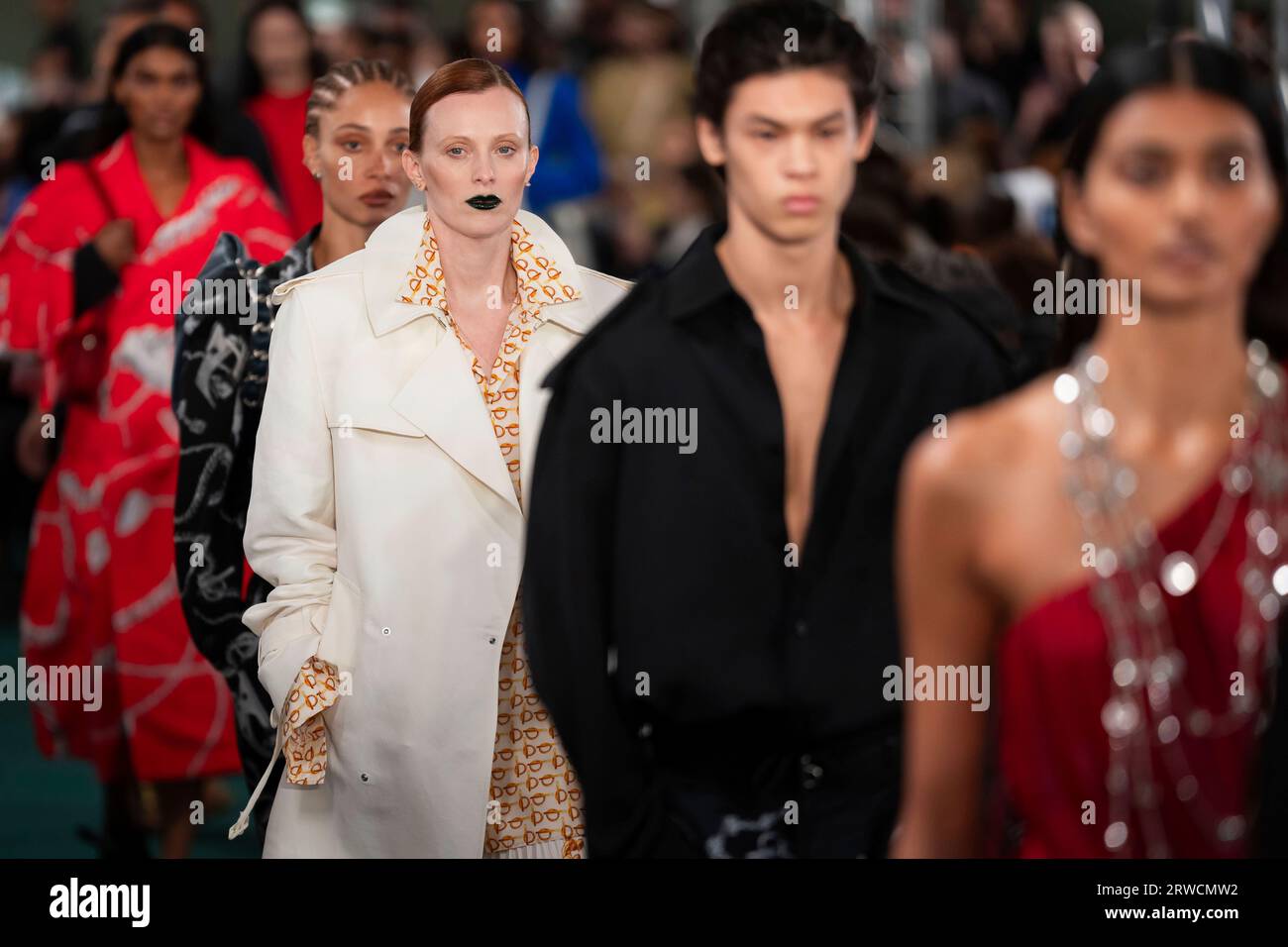 Karen Elson wears a creation for the Burberry Spring Summer 2024 ...