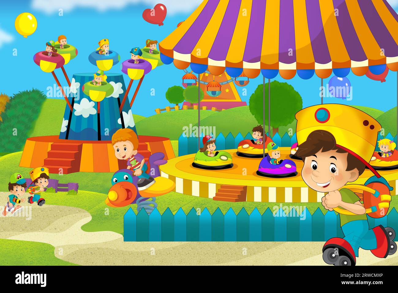 cartoon scene with kids playing at funfair amusement park or playground ...