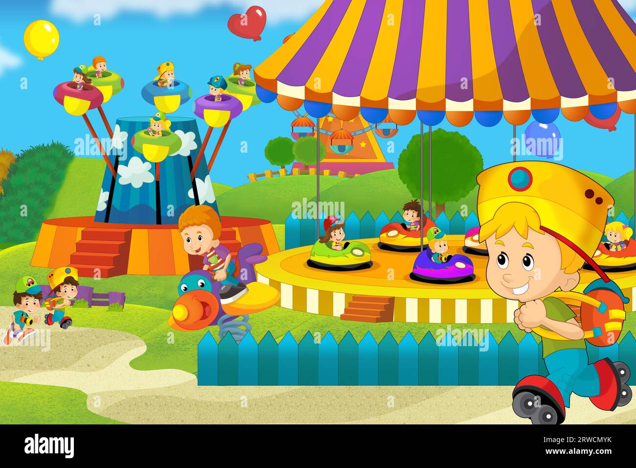 cartoon scene with kids playing at funfair amusement park or playground ...