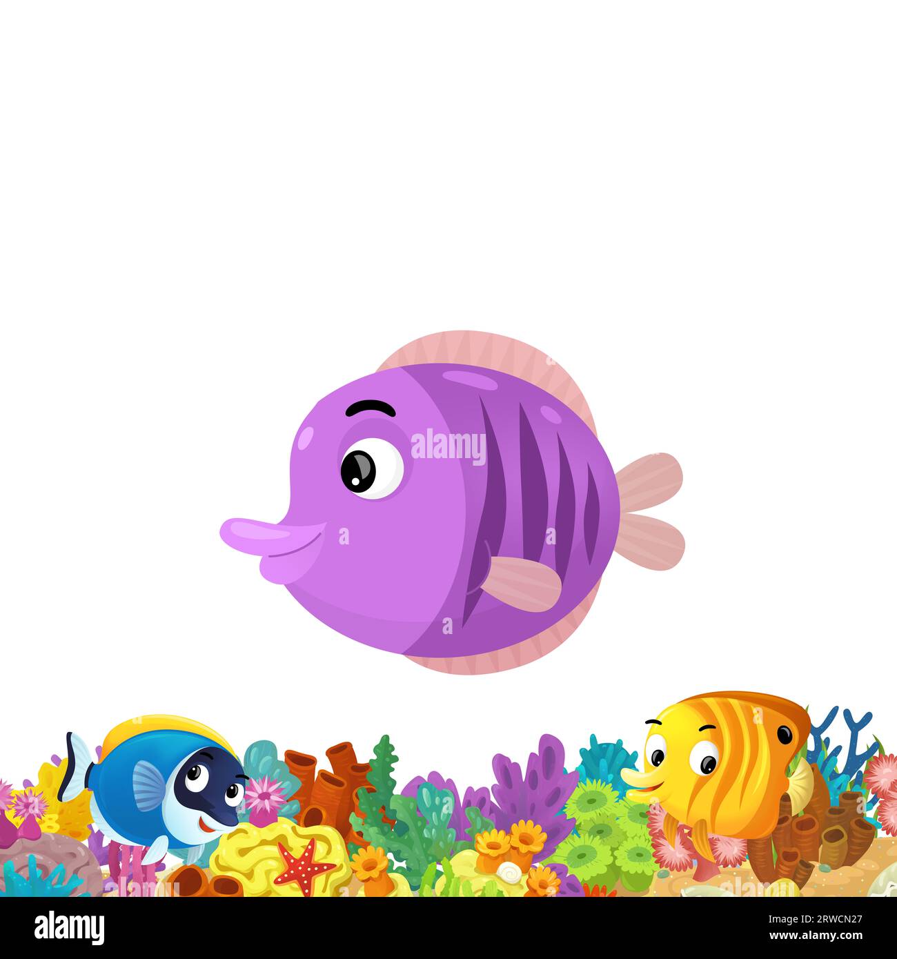 cartoon scene with coral reef and happy fishes swimming near isolated ...