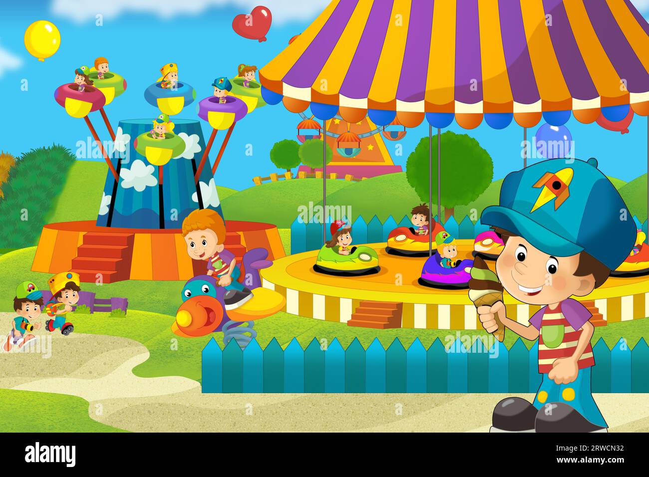 cartoon scene with kids playing at funfair amusement park or playground ...