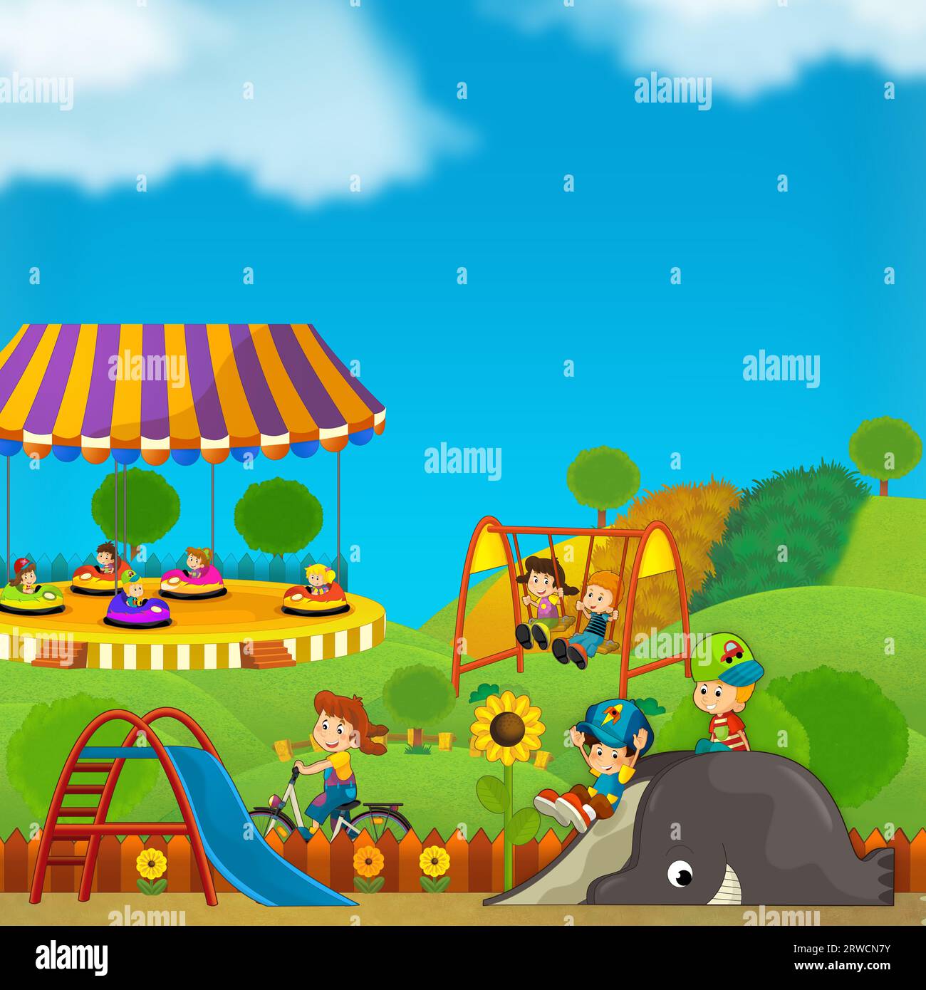 cartoon scene with kids playing at funfair amusement park or playground ...