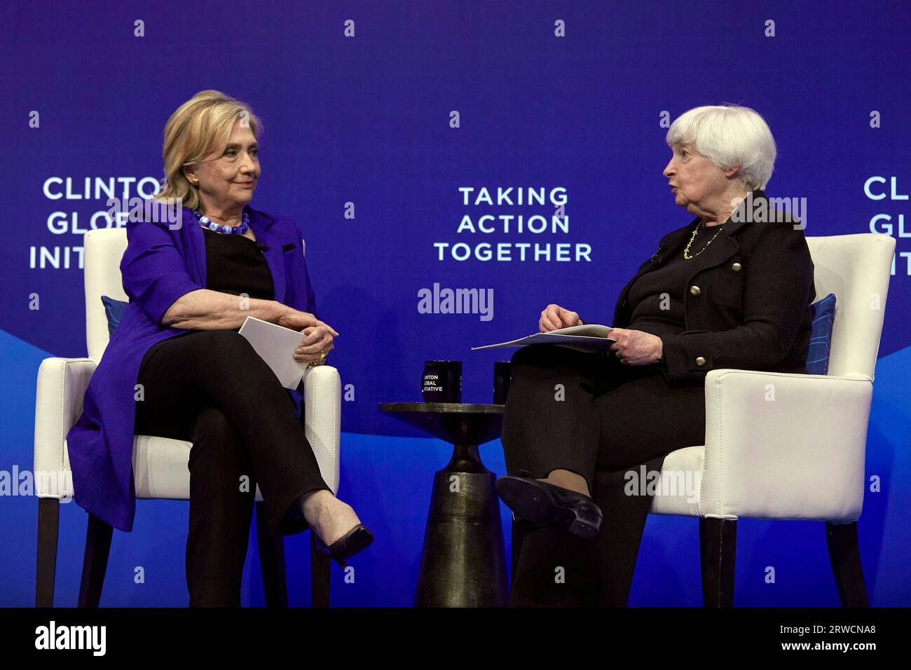 United States Secretary of the Treasury, Janet Yellen, right, talks to ...