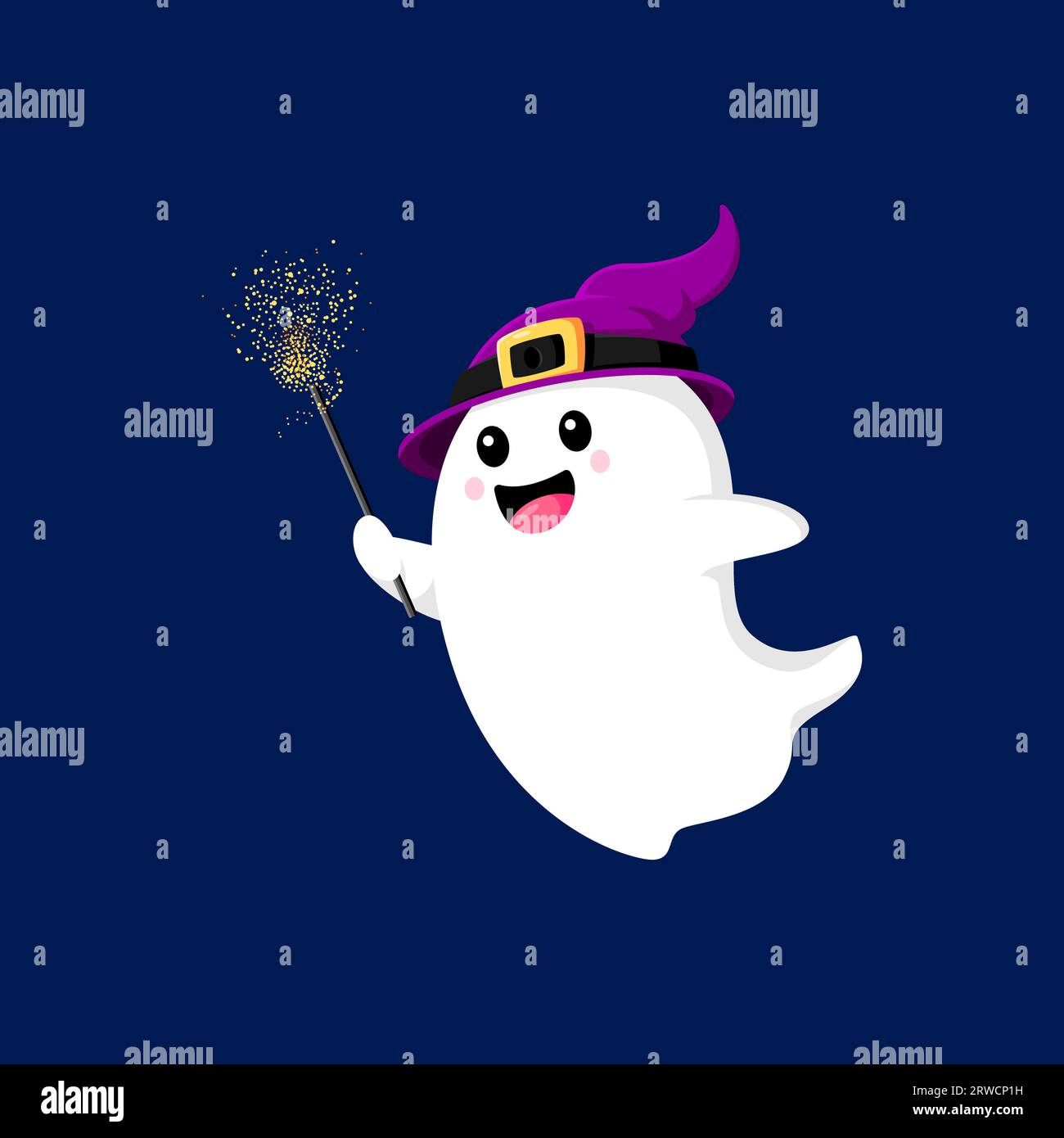 Cartoon Halloween kawaii ghost character donning a charming witch hat ...