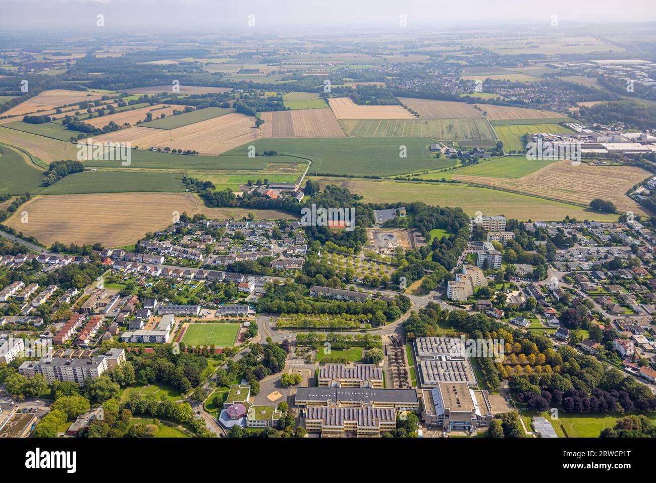 Aerial view, meadows and fields with distant view at Bergenkamp ...