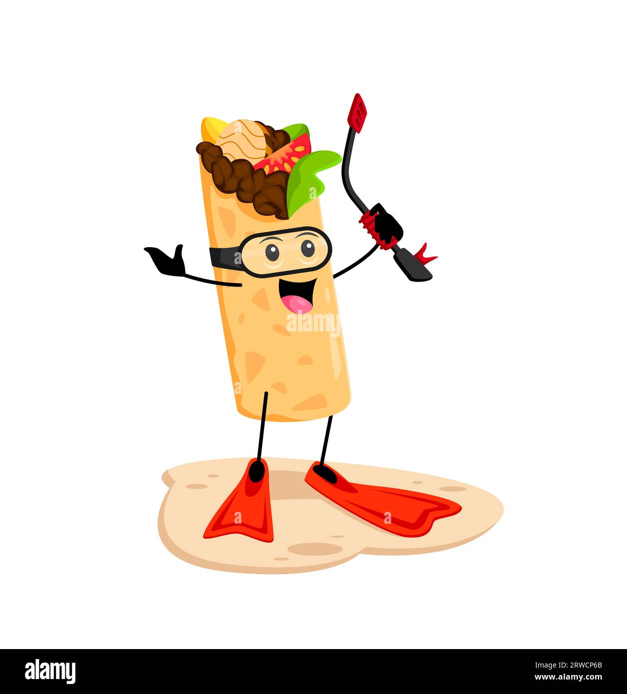 Cartoon fast food burrito character with scuba mask and fins. Street ...