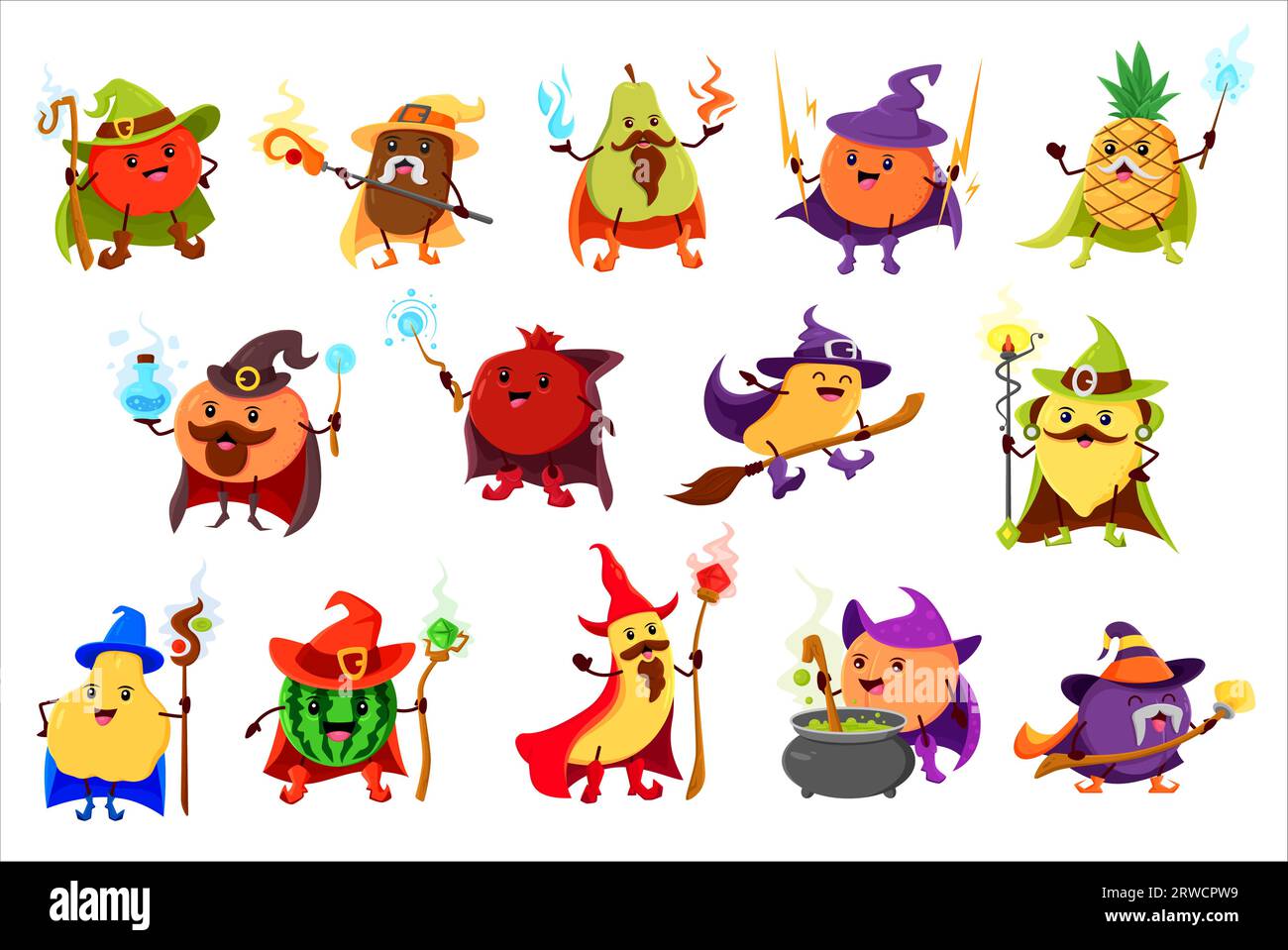 Cartoon fruits wizard or mage characters, vector funny apple and banana ...