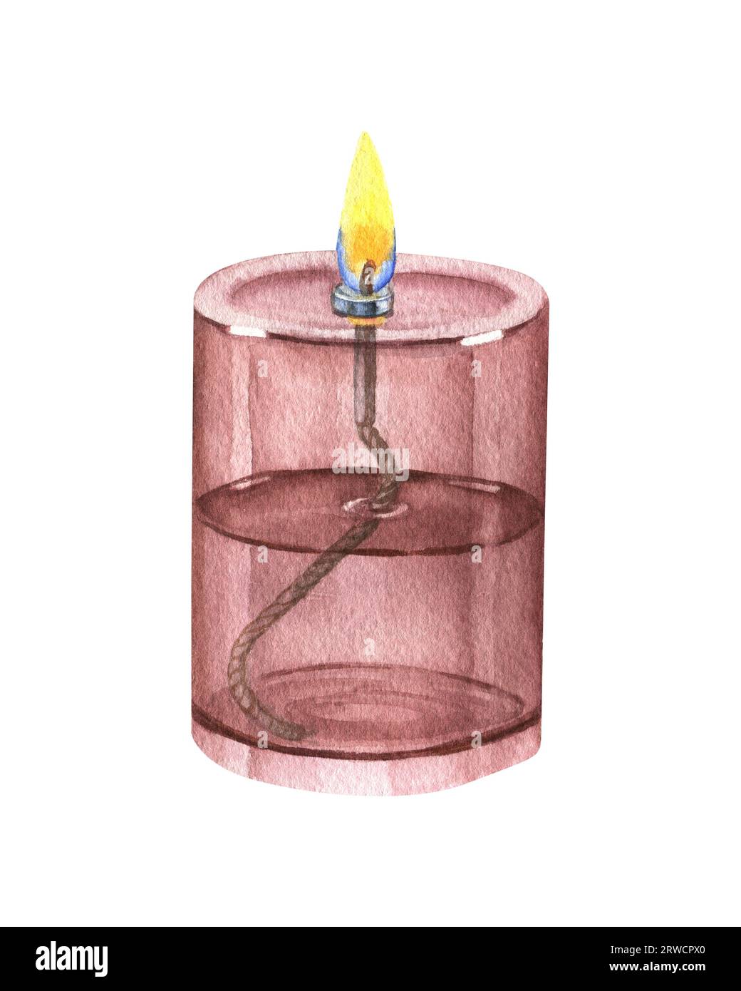 Watercolor illustration with oil lamp made of blown glass on white ...