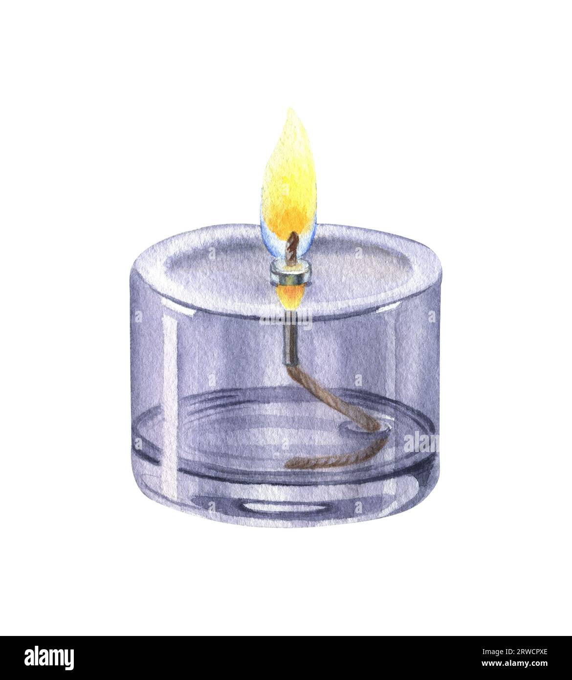 Watercolor illustration with oil lamp made of blown glass on white ...