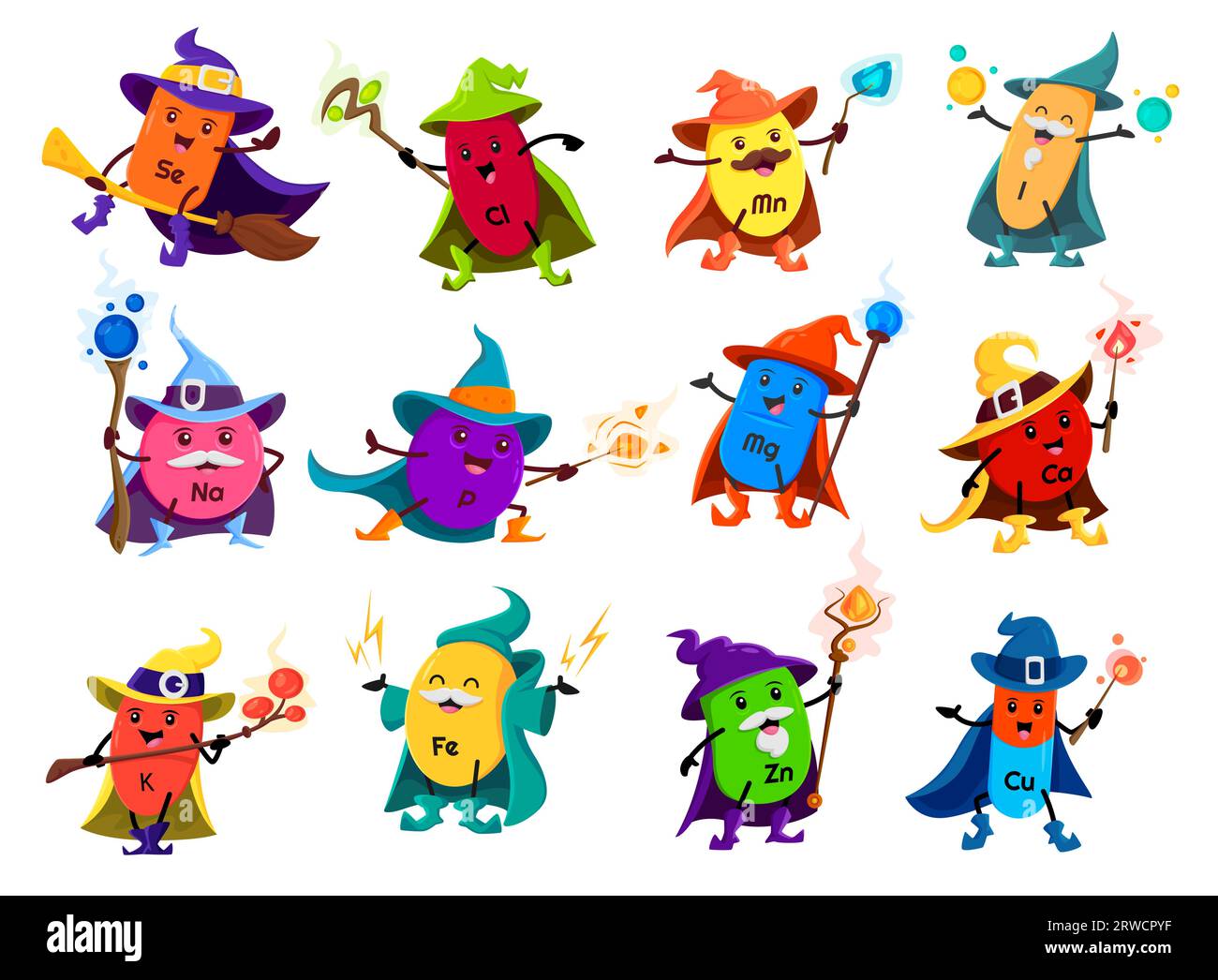 Cartoon mineral and micronutrient wizard or mage characters, vector ...