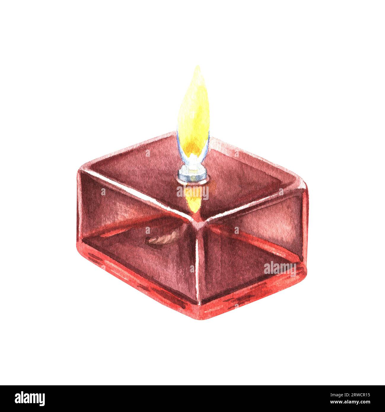 Watercolor illustration with oil lamp made of blown glass on white ...
