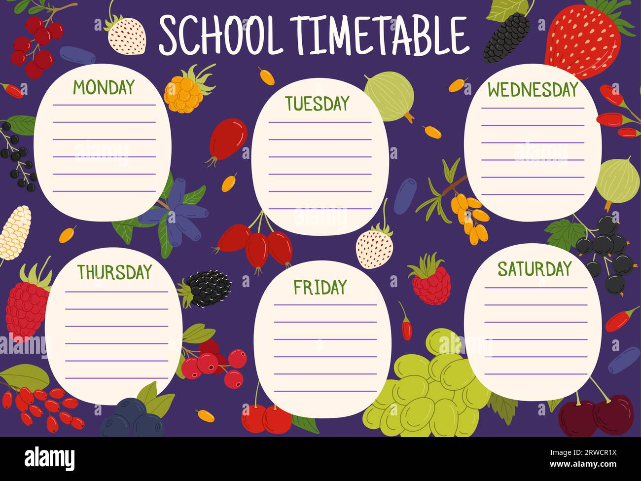 Education timetable schedule with forest and garden ripe berries ...